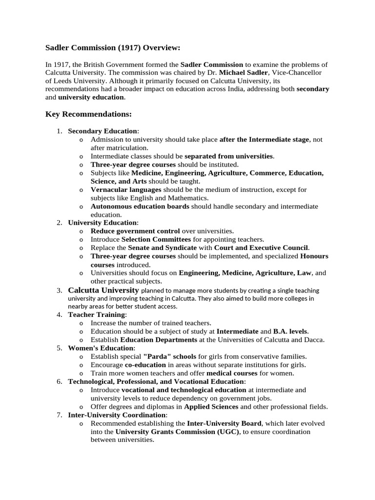 Sadler Commission 1917: Indian Education Reforms | PDF | Female ...