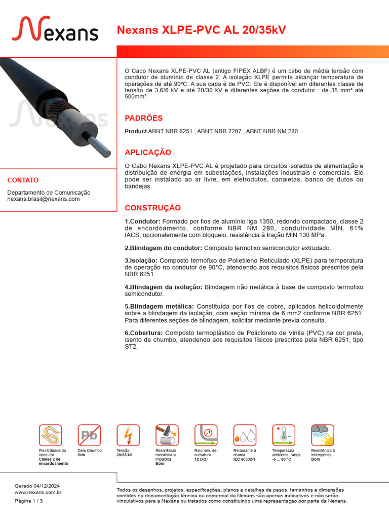 Nexans - Nexans XLPE PVC AL 20 35kV | PDF | Condutor elétrico | Cloreto de polivinila (PVC)