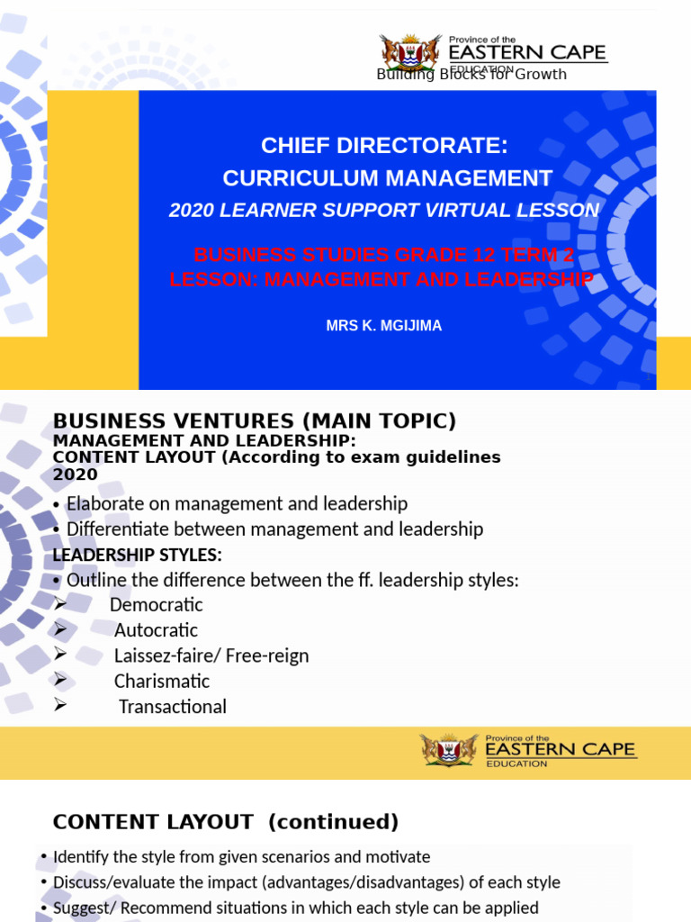 E Business Studies Grade 12 Term 2 Management and Leadership | PDF | Leadership | Motivational