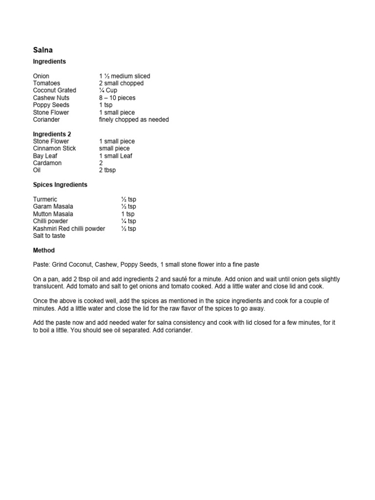Authentic Salna Recipe with Spices | PDF