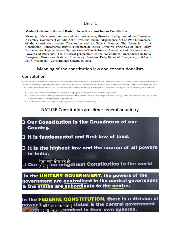 Constitution Law Unit 1 Notes | PDF