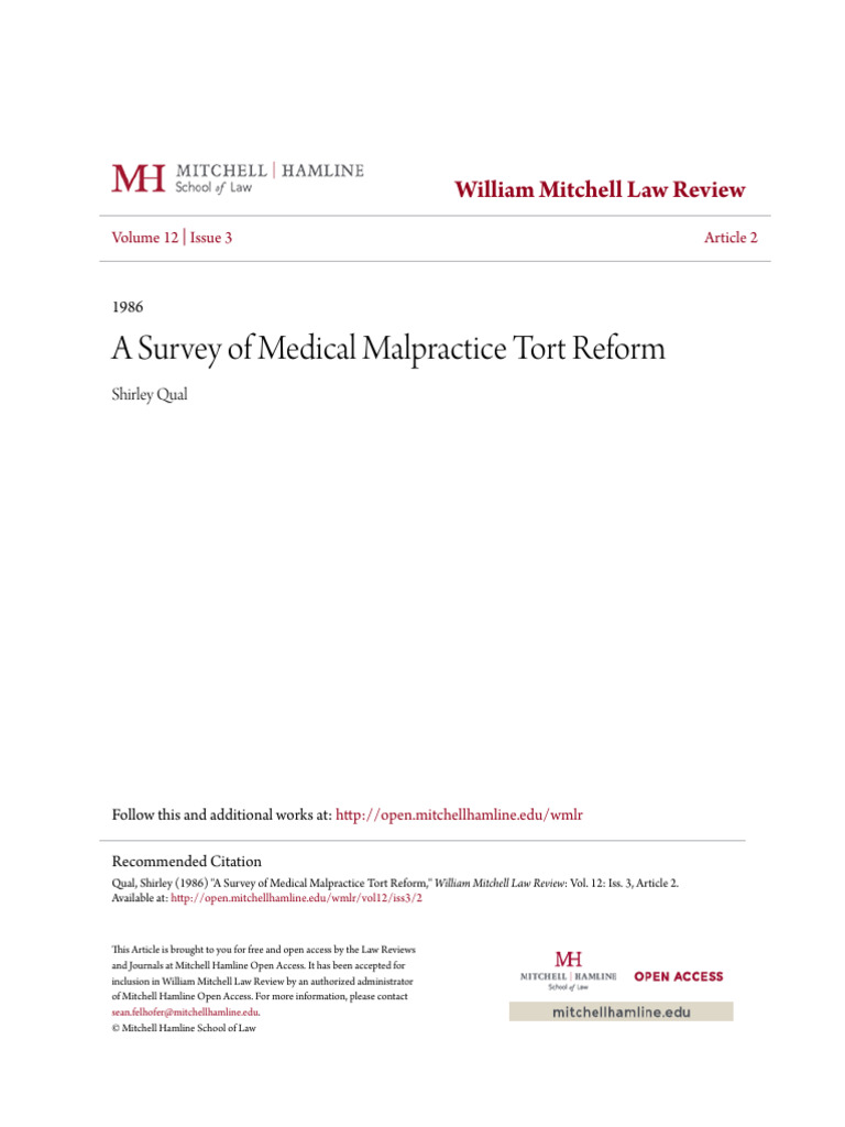 A Survey of Medical Malpractice Tort Reform | PDF | Tort | Standard Of Care