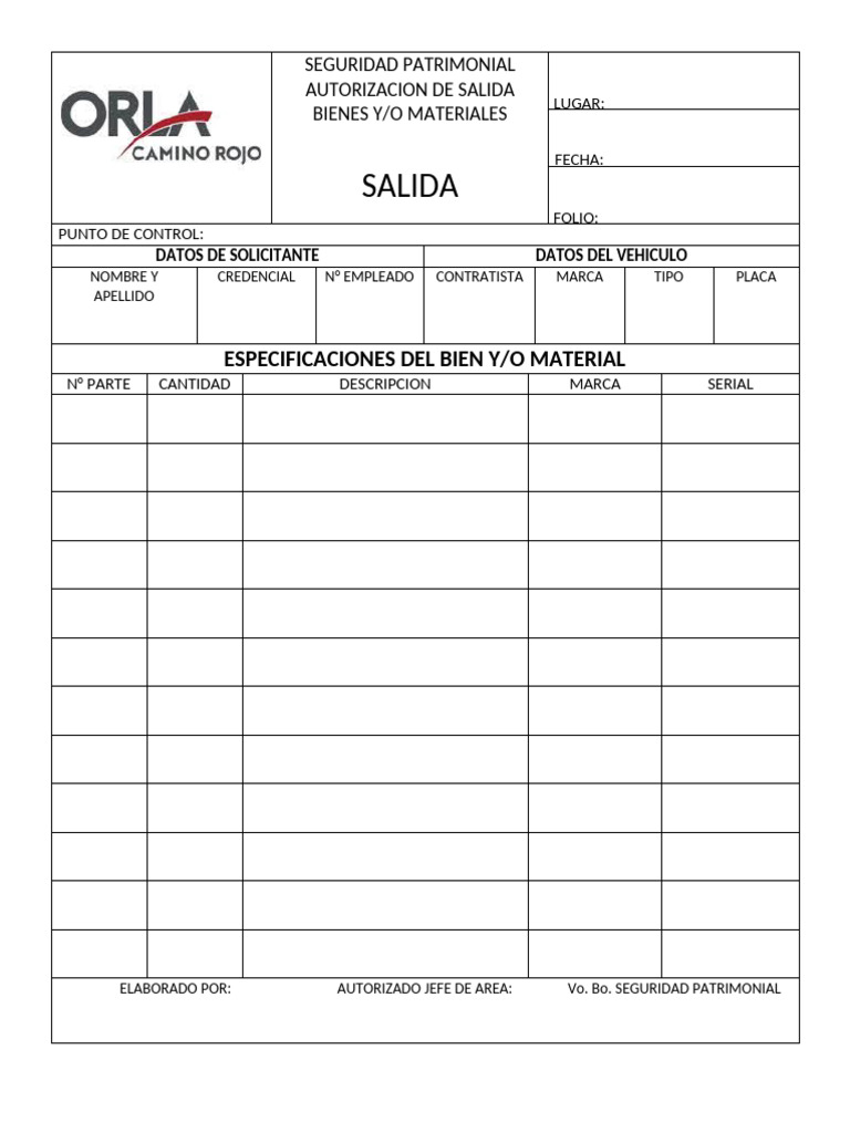 Formato Salida de Bienes Material | PDF