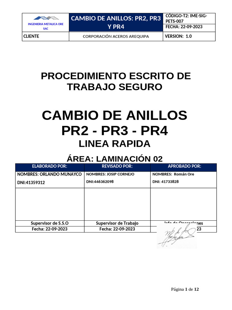IME-SIG-PETS-T2-007 CAMBIO DE ANILLOS PR2, PR3 Y PR4 -LAMINACION02 | PDF | Seguridad y salud ...