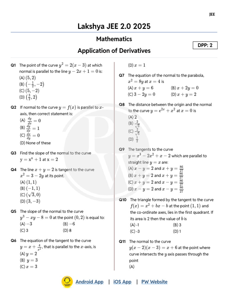 Application of Derivatives DPP 02 of Lec 03 Lakshya JEE 2 0 2025 | PDF | Tangent | Slope