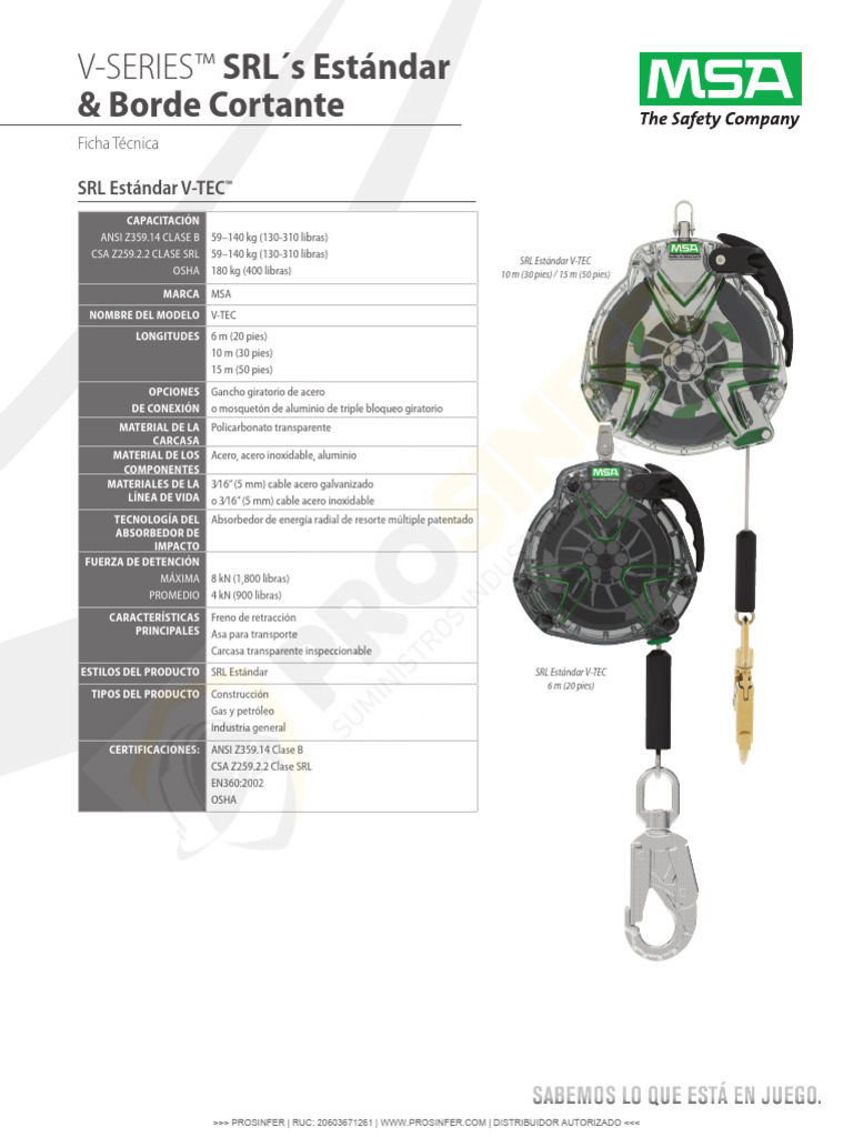 Bloque Retractil V Tec SRL 63210 00a Msa Ficha Tecnica | PDF
