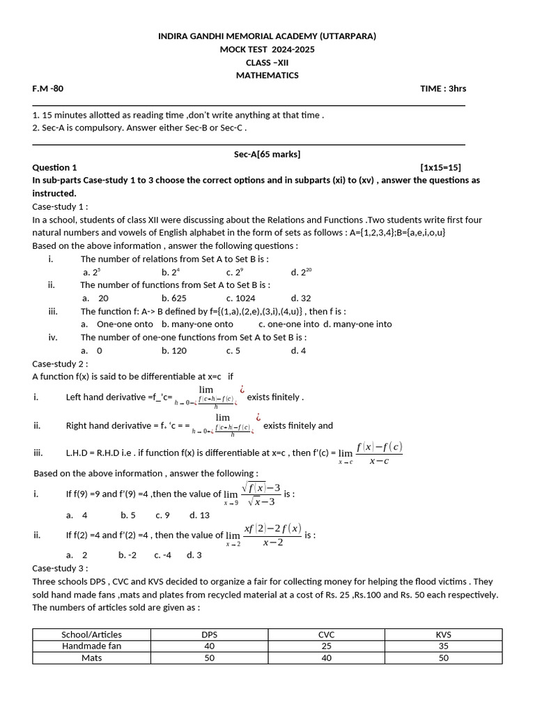 Mock XII Maths | PDF | Line (Geometry) | Perpendicular