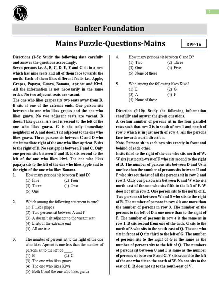 ? Mains Puzzle Questions Mains DPP 16 English Banker Foundation | PDF ...