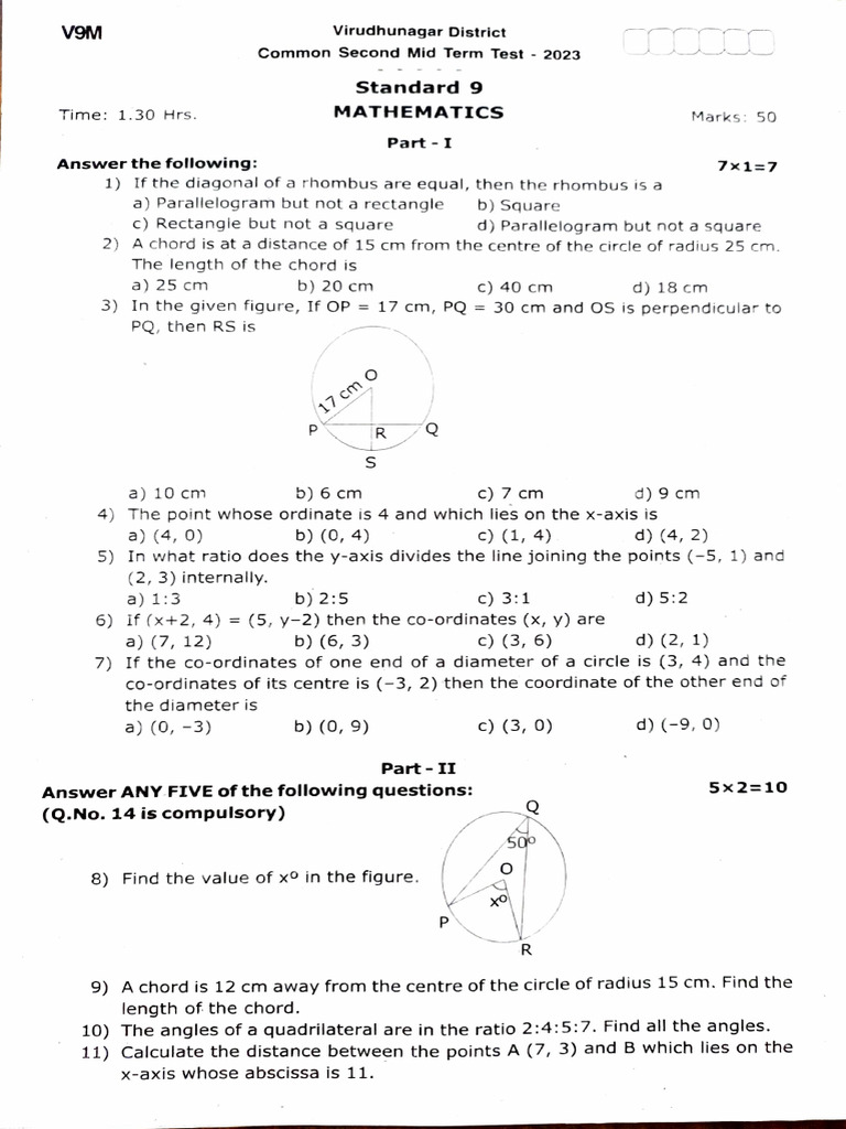 9th Maths EM 2nd Mid Term Exam 2023 Question Paper Virudhunagar District English Medium PDF ...