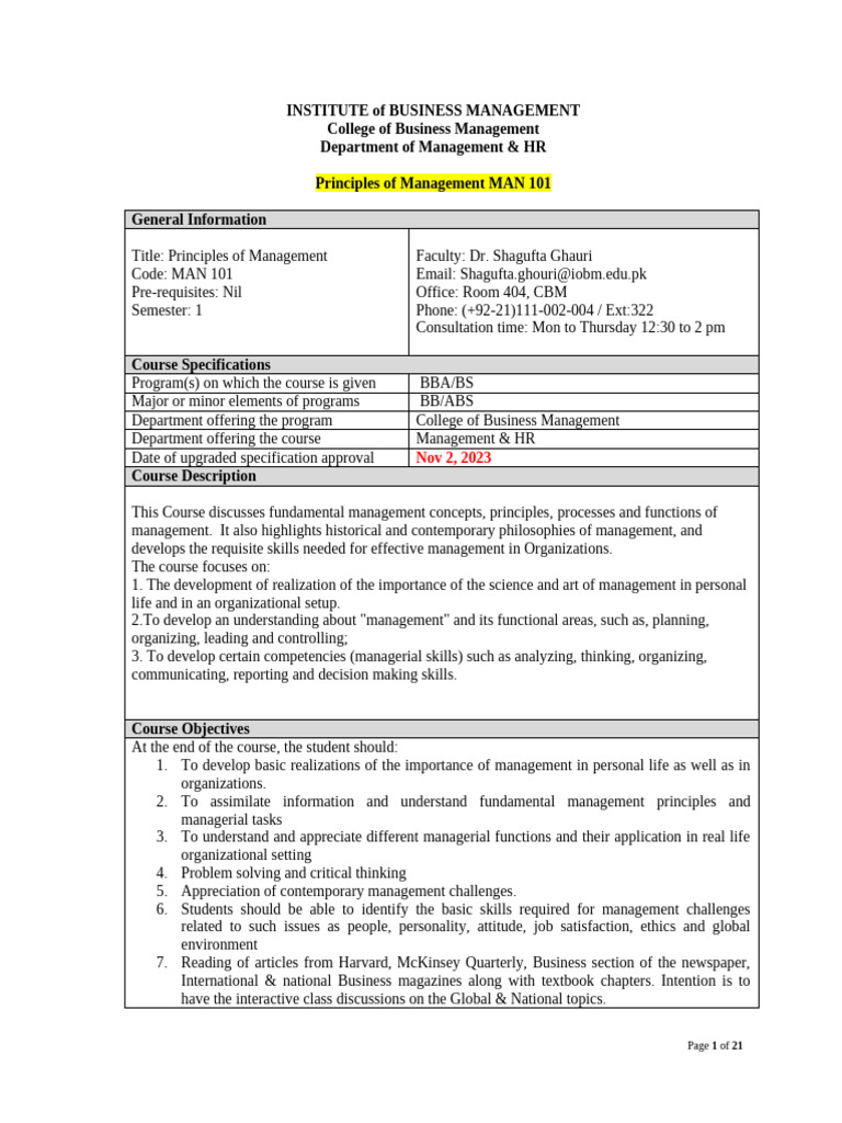 Course Outline - Principles of Management | PDF | Leadership | Motivational