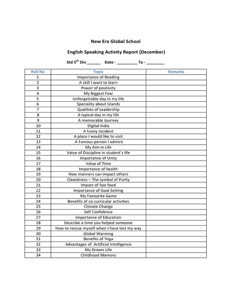 December Speaking Plan - Class 5 | PDF