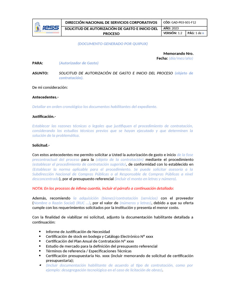 GAD-P03-S01-F12 Autorización de Inicio | PDF | Presupuesto | Gobierno