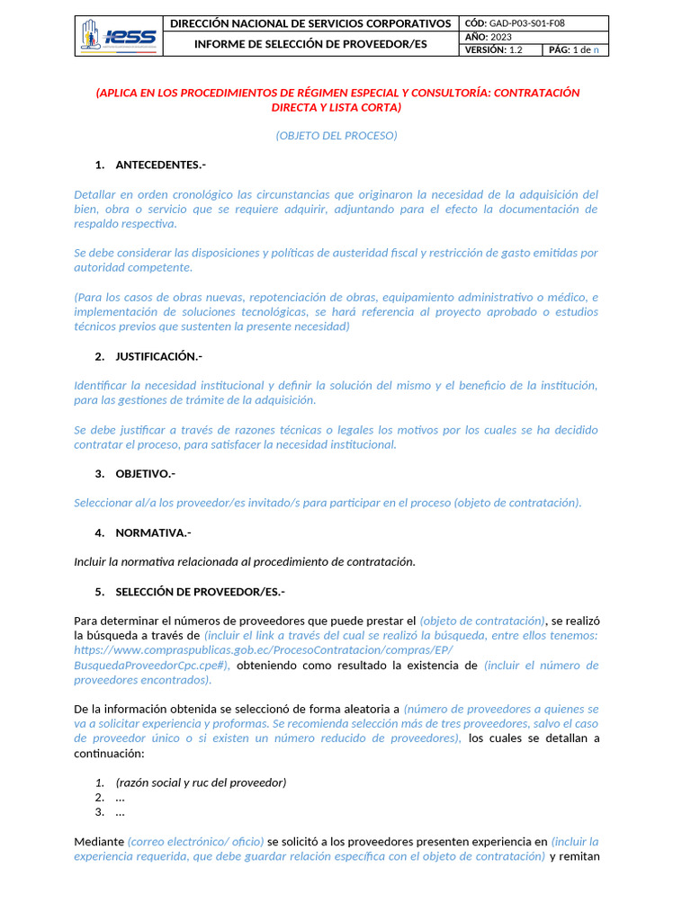 GAD-P03-S01-F08 Informe Selección Proveedores | PDF