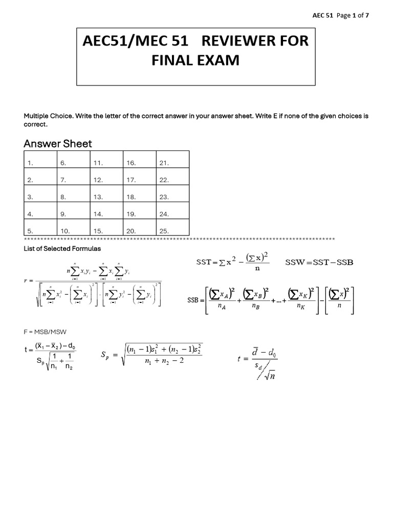Aec 51 Mec 51 Final Exam Reviewer | PDF | Linear Regression | Dependent ...