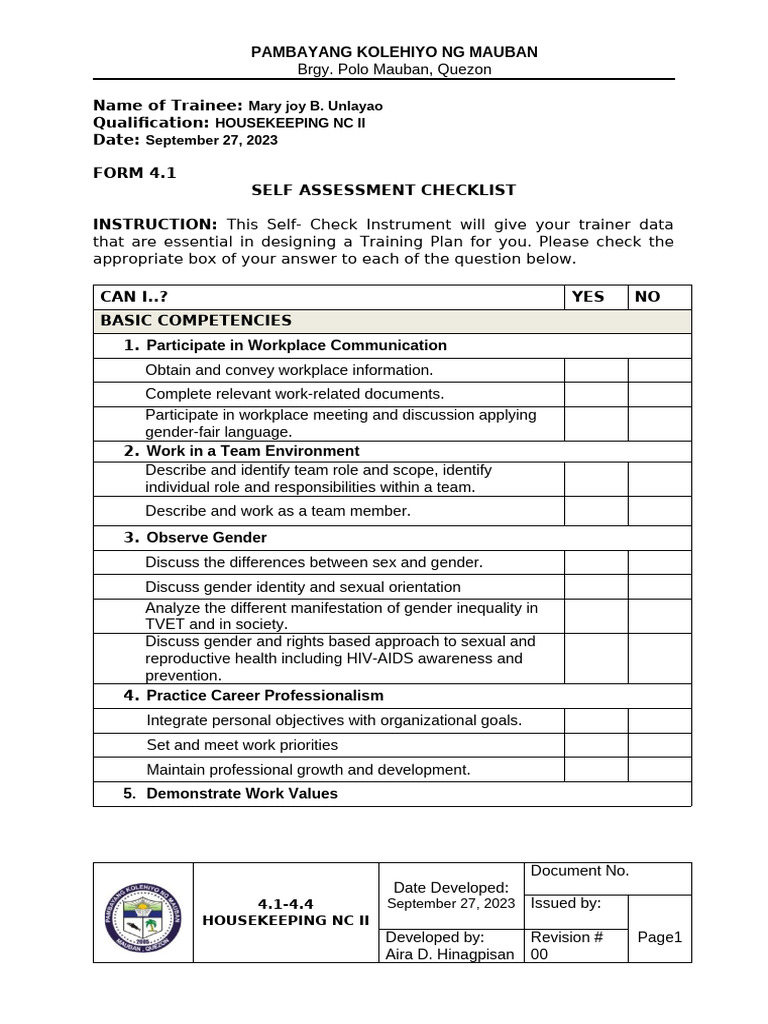 Aira - 5 SELF ASSESSMENT CHECKLIST | PDF | Occupational Safety And ...