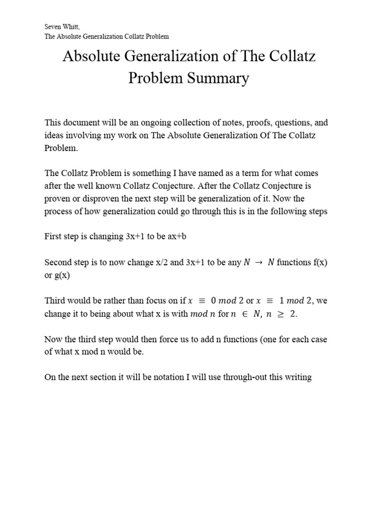 Absolute Generalization of The Collatz Problem | PDF | Mathematical ...