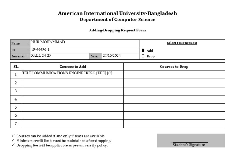 AIUB Computer Science Course Request Form | PDF