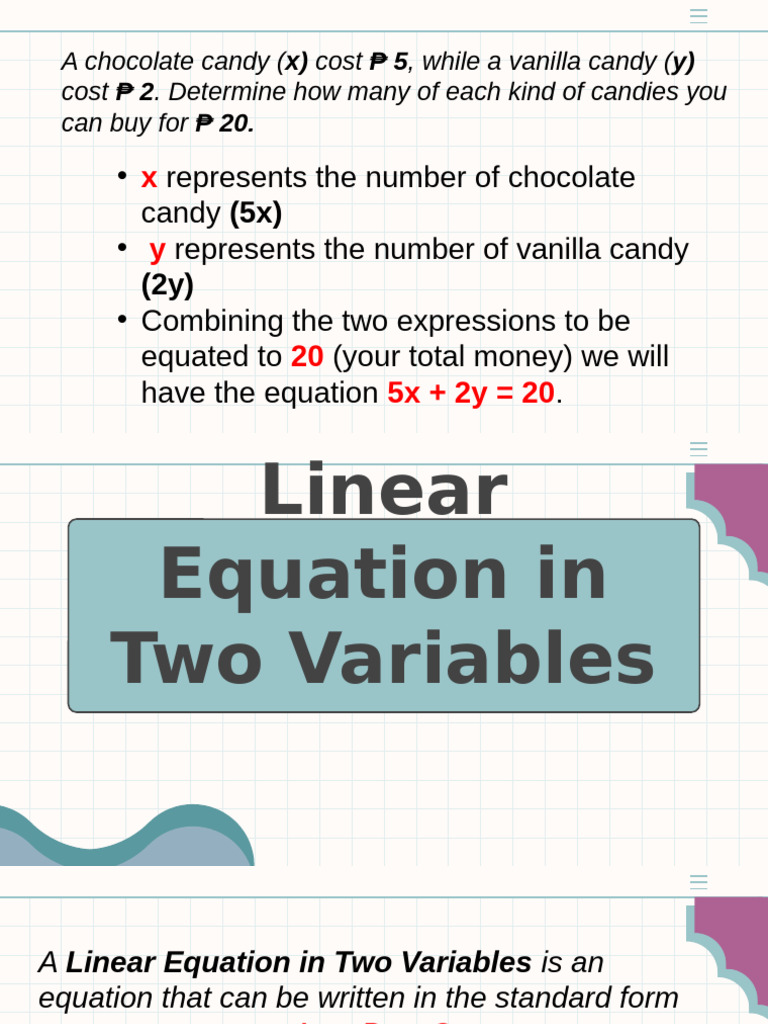 Linear Equations and Candy Cost Analysis | PDF | Equations | Variable ...