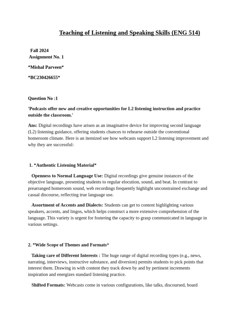 Assignment eng 514 | PDF | Reading Comprehension | Learning