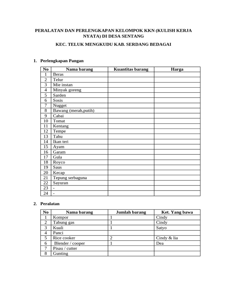 Perlengkapan KKN di Desa Sentang | PDF