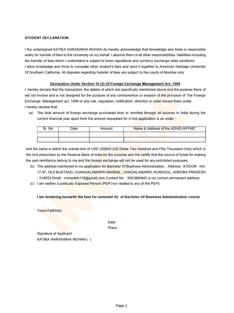 Student Fee Transfer Declaration Form | PDF | Foreign Exchange Market | Financial Markets