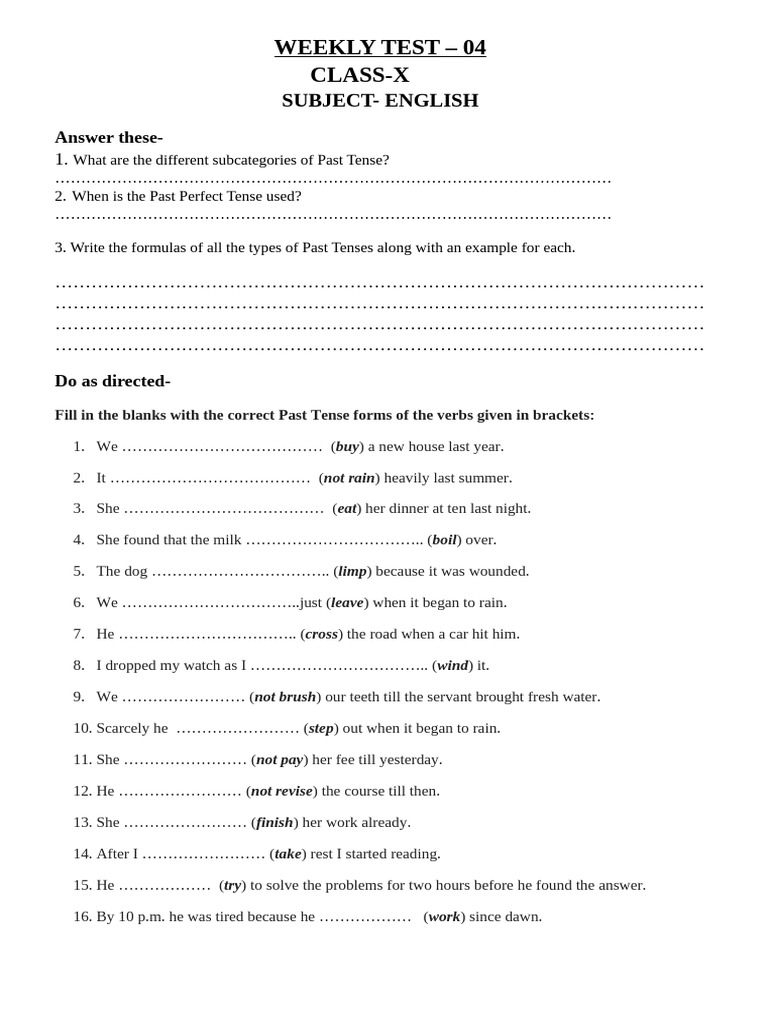 CLASS 10 WEEKLY TEST 04 | PDF | Grammatical Tense | Syntax