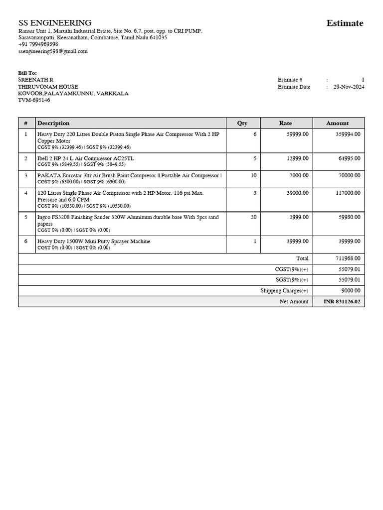 Ss Engineering: Estimate | PDF | Atmosphere | Mechanical Engineering