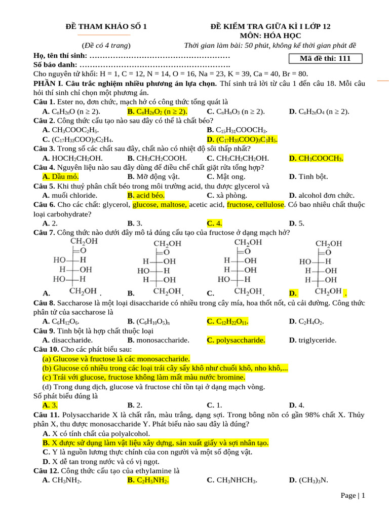 Hóa 12 GK1 5 đề 01 05 ĐA chi tiết | PDF