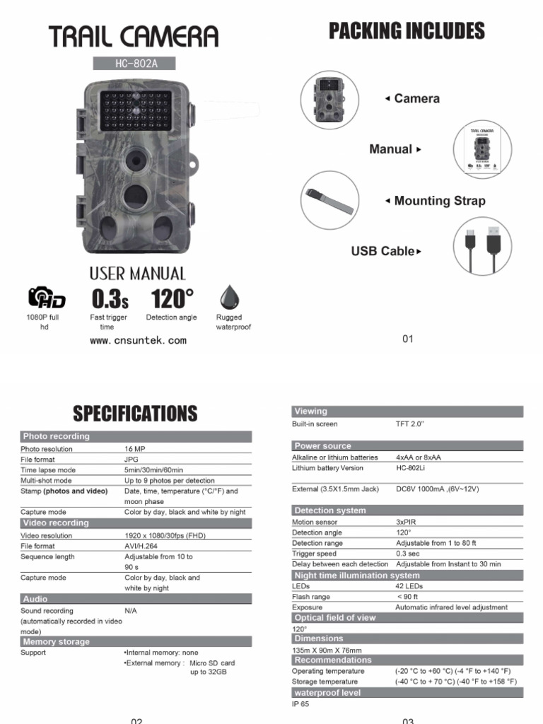 Camera HC-802A User Manual (20MP-1080P) | PDF