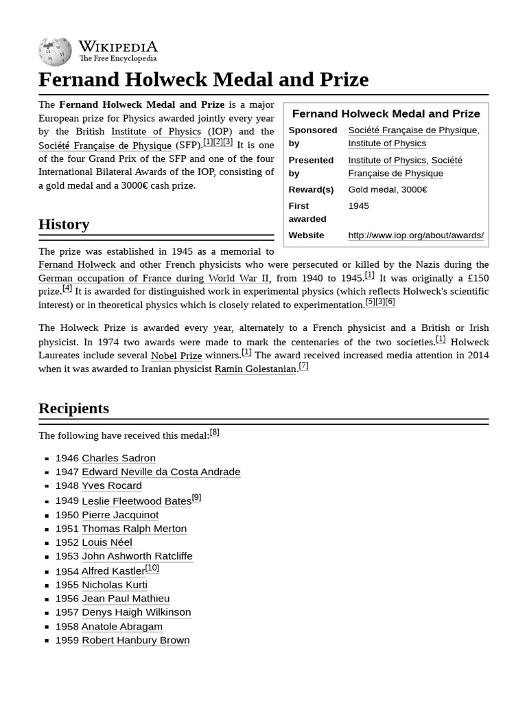 Fernand Holweck Medal and Prize | PDF