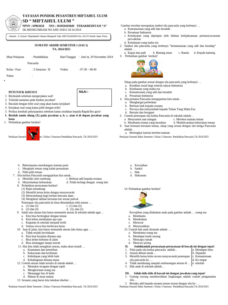 Soal SAS 1 Pancasila KLS 3 saturnus | PDF