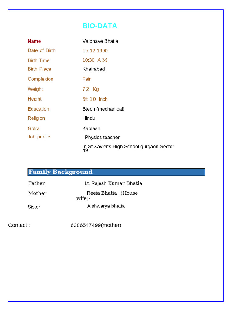 Vaibhave Bhatia's Bio-Data Summary | PDF