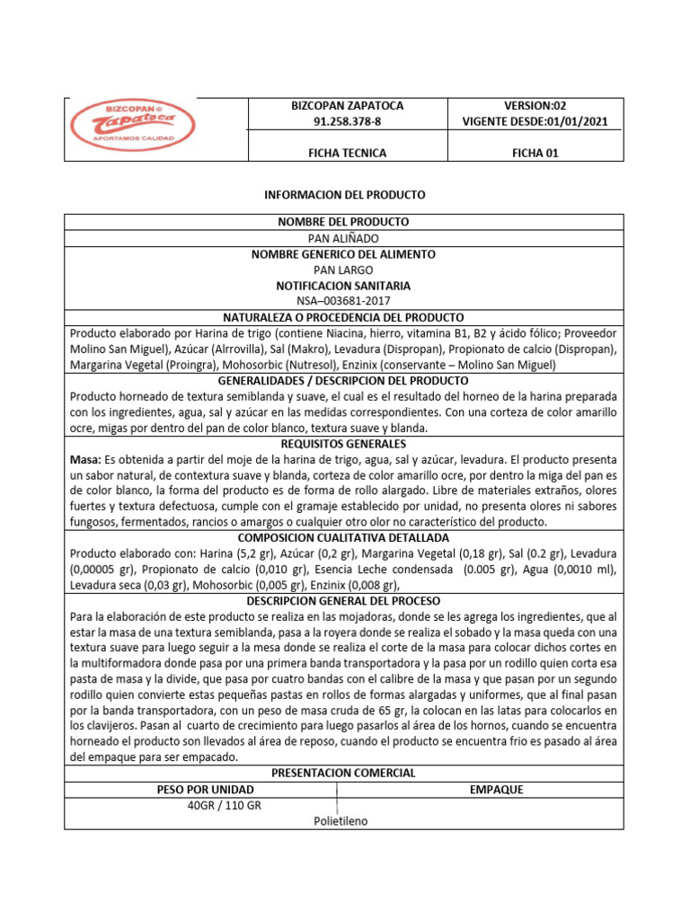 FT PAN ALIÑADO ZAPATOCA | PDF | Panes | Alimentos