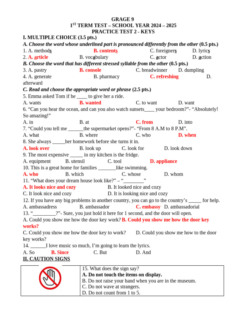 FIRST TERM TEST - TEST 2- KEY | PDF | Tourism