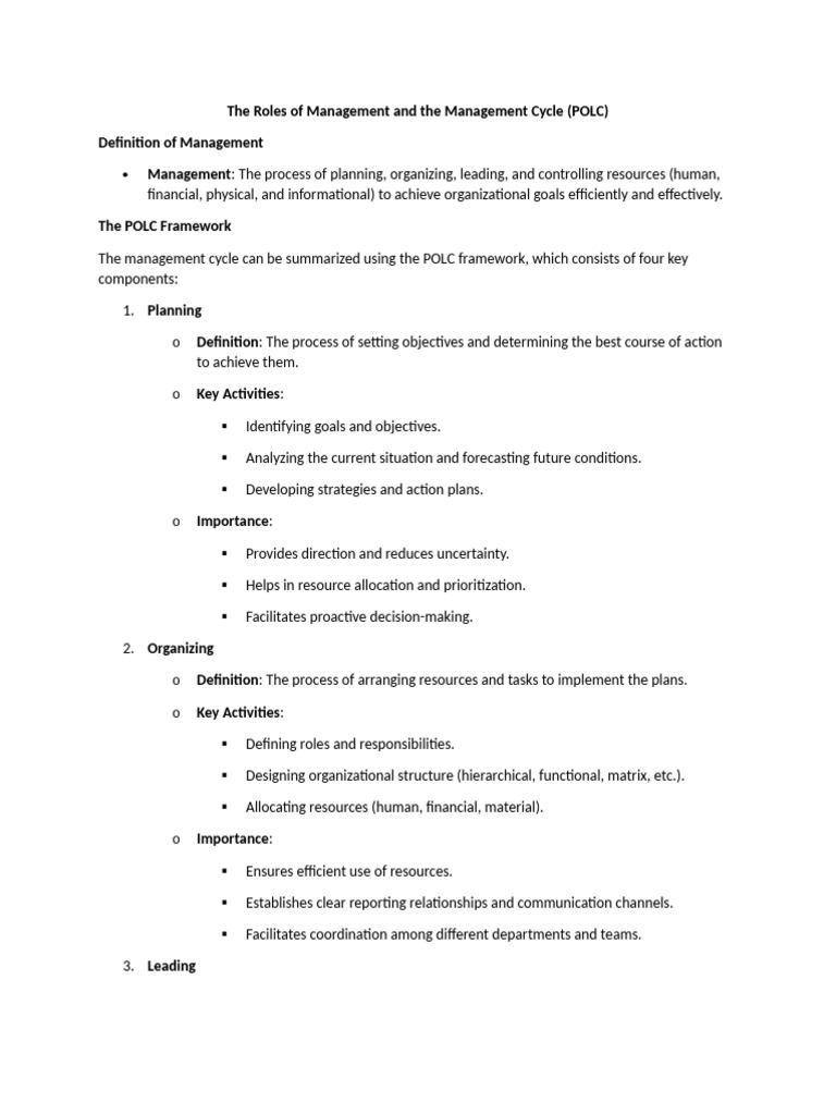 The Roles of Management and The Management Cycle | PDF | Goal | Business