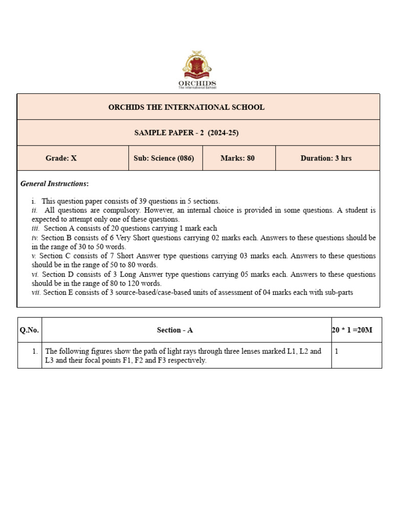 SAMPLE PAPER - 2 - Grade 10 - Science - 2024-25 | PDF | Refractive ...