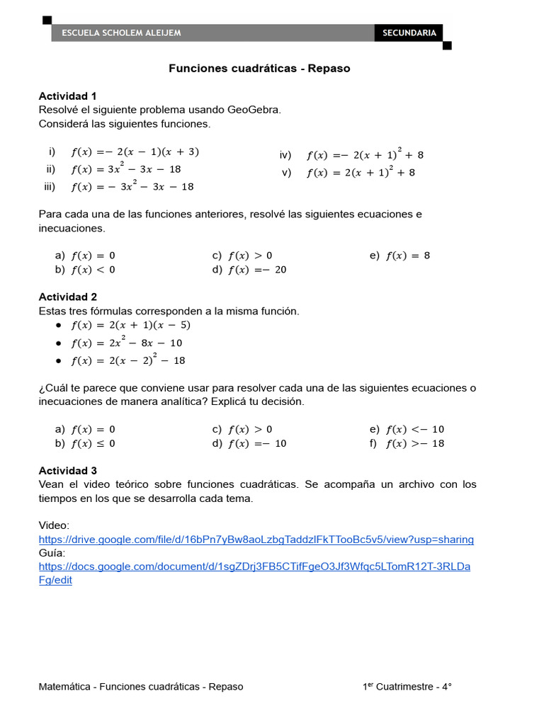 2024 - Guia de Problemas 1 - Funciones Cuadráticas - Repaso - 4°año | PDF | Ecuación cuadrática ...