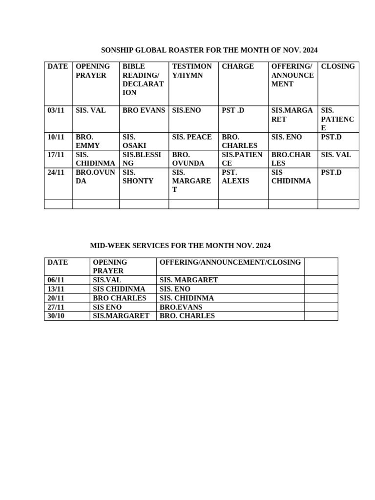 Sonship Mega Assembly Service Roaster For The Month of Nov 2024 | PDF