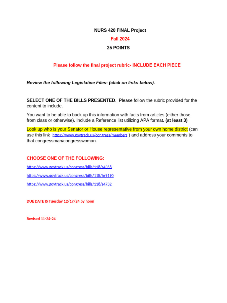 NURS 420 Final Project Guidelines | PDF