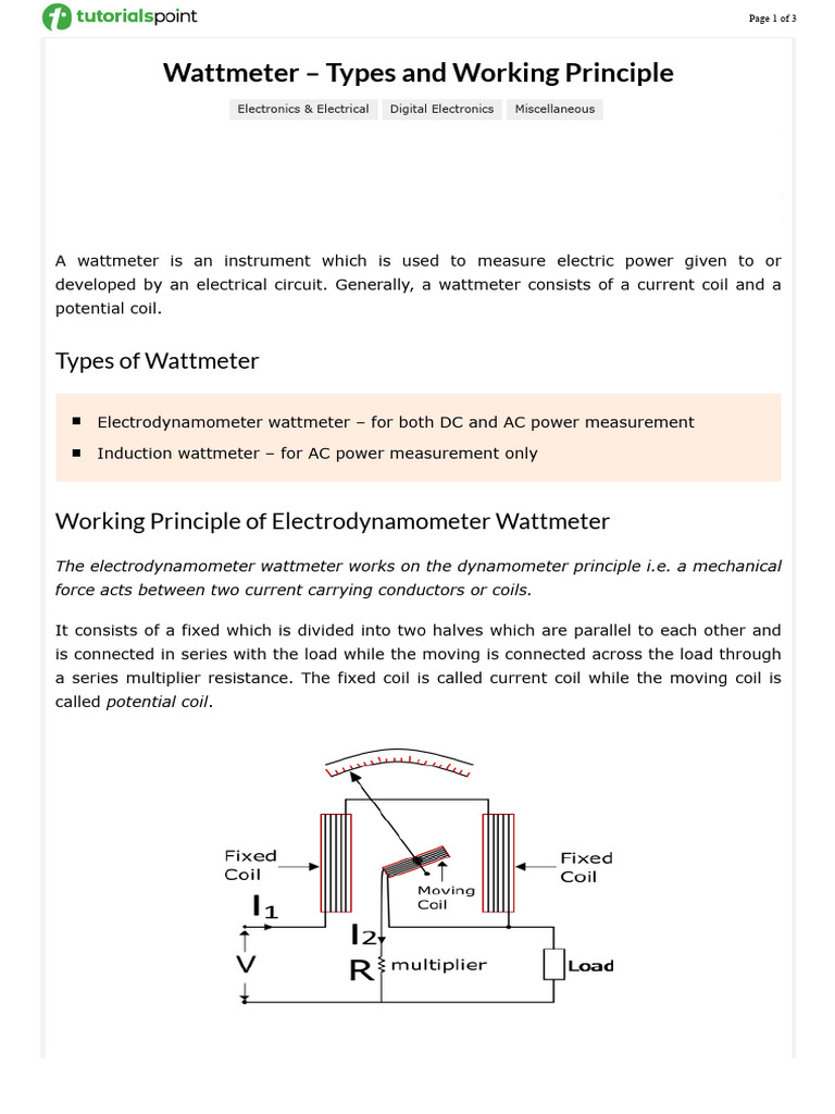 Wattmeter Types And Working Principle Pdf Electromagnetic Induction Inductor