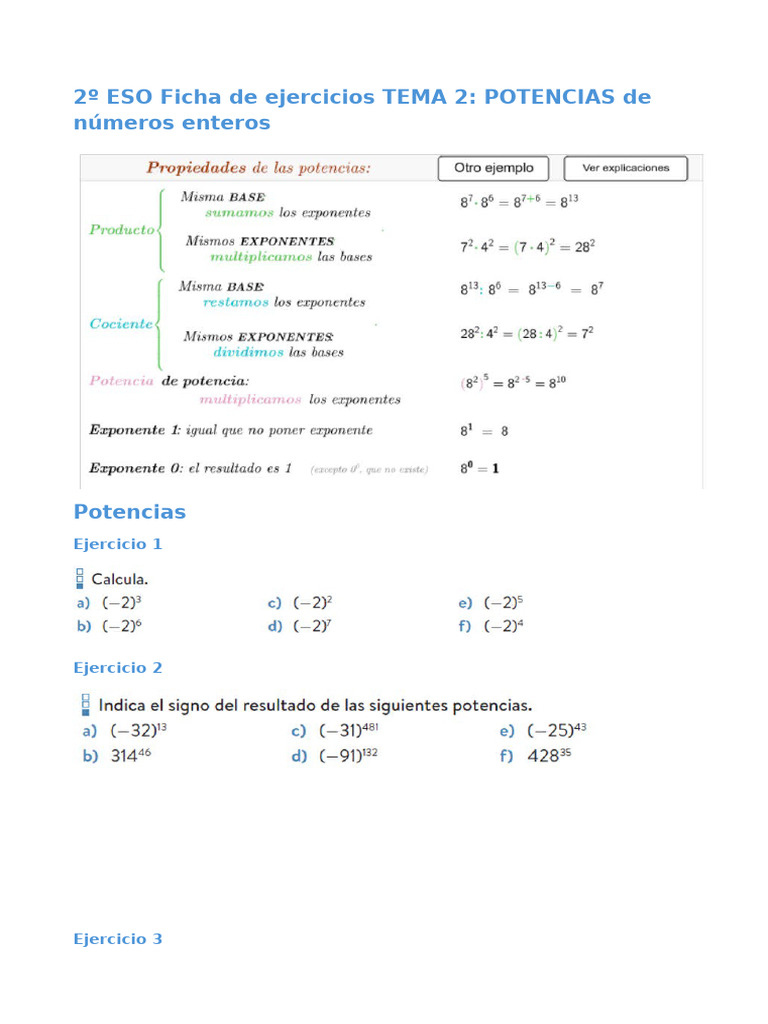 2º ESO Ficha de Ejercicios TEMA 2 POTENCIAS y RAÏCES | PDF