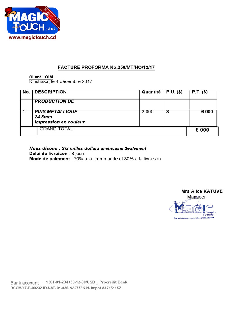 Facture Proforma OIM - Pins Métalliques | PDF