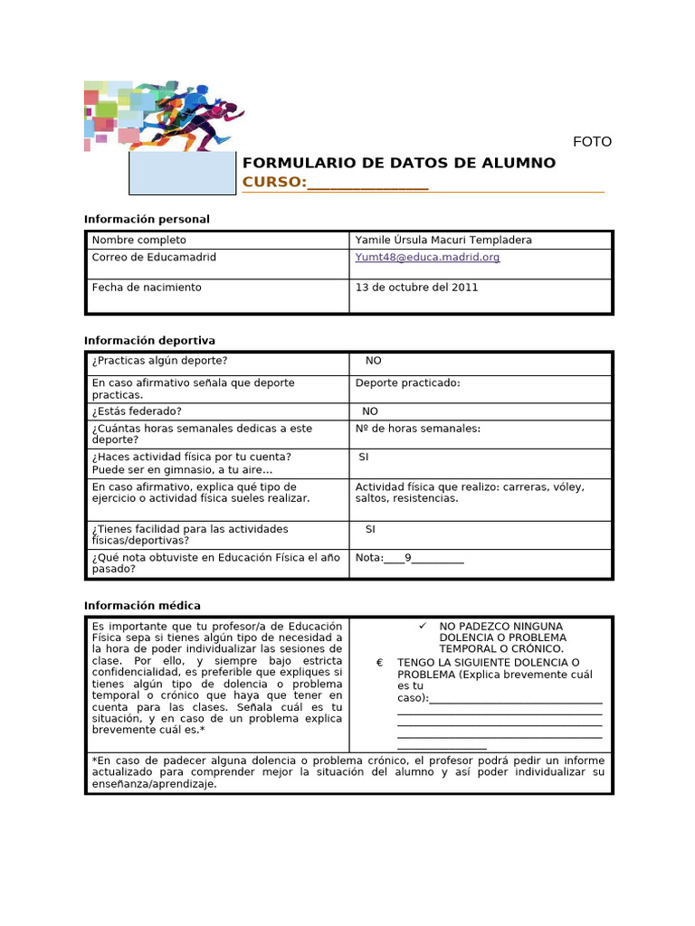 Hoja Datos Alumno (Educación Fisica) Yamile Macuri | PDF