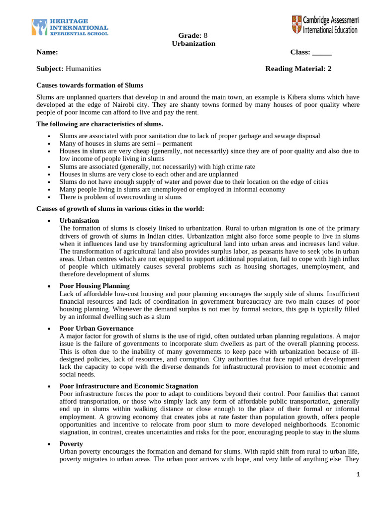 Grade: Urbanization Name: Class: - Subject: Reading Material: 2 | PDF | Slum | Urbanization