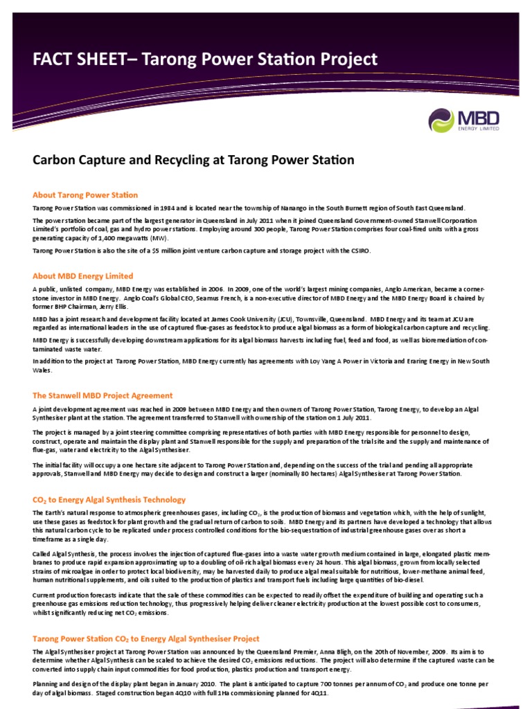 Tarong Project Fact Sheet | PDF | Biomass | Carbon Capture And Storage