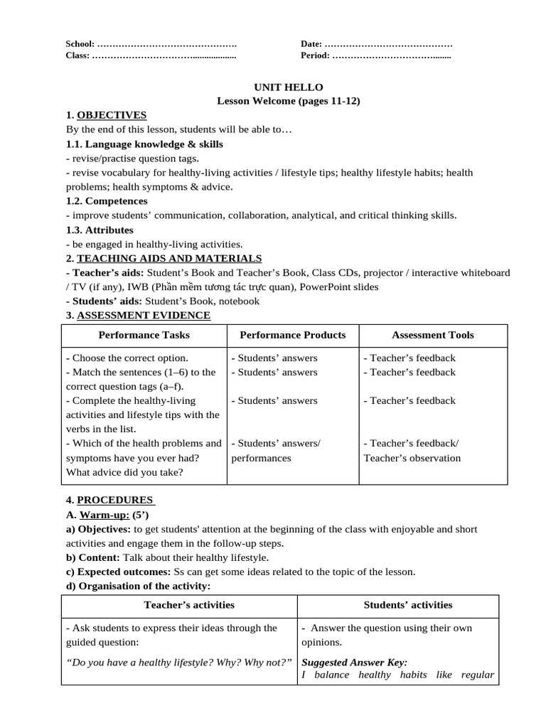 Healthy Living Lesson Plan Overview | PDF | Question
