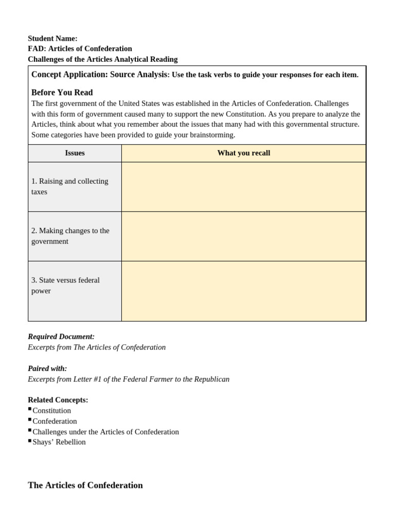 APGov FAD ArticlesofConfederation | PDF | United States Congress ...
