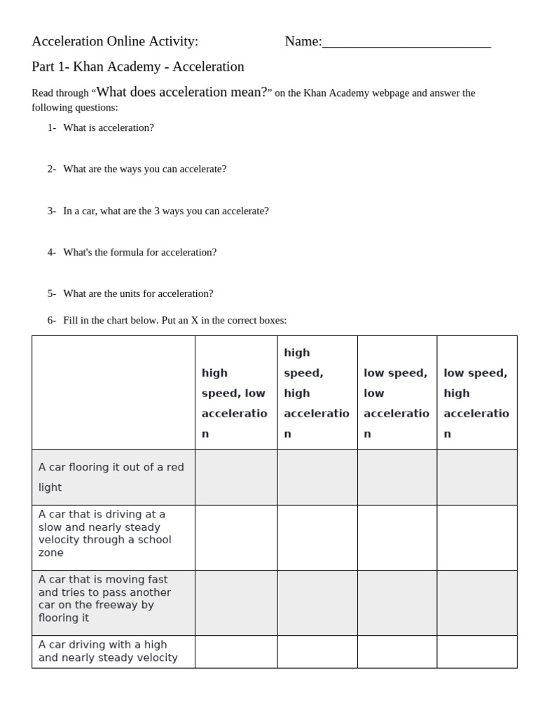 Acceleration Online Activity | PDF | Acceleration | Velocity