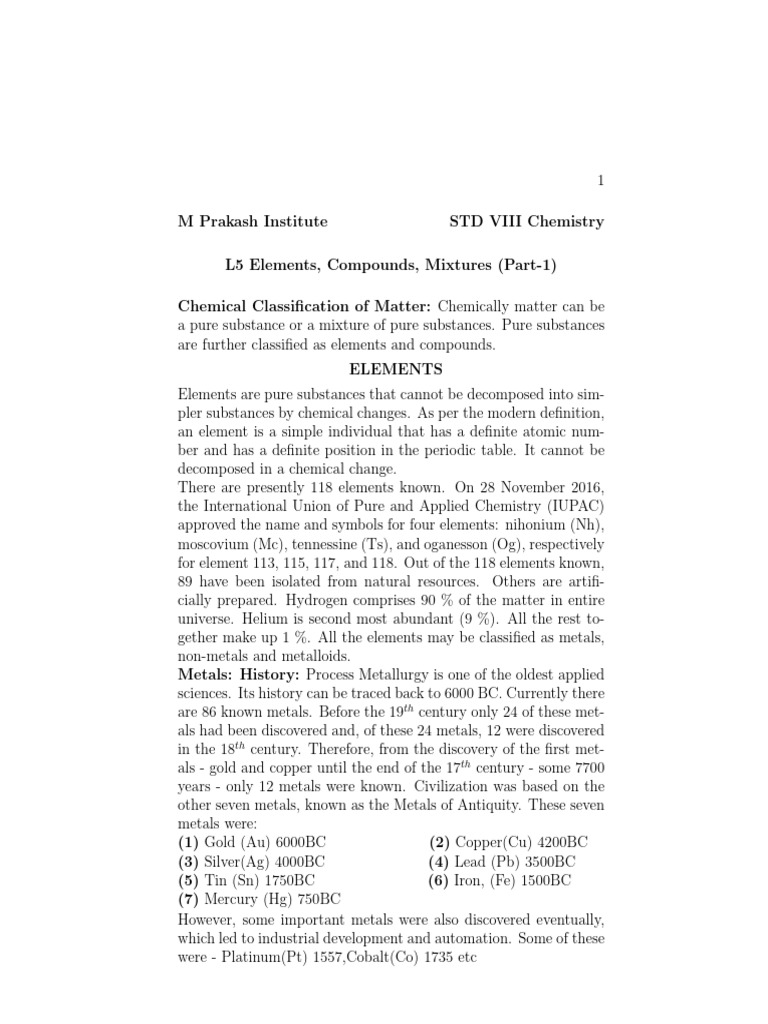 L5_ElementsCompoundsMixtures1 | PDF | Metals | Chemical Compounds