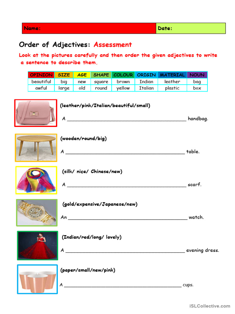 Order of Adjectives - Assessment | PDF